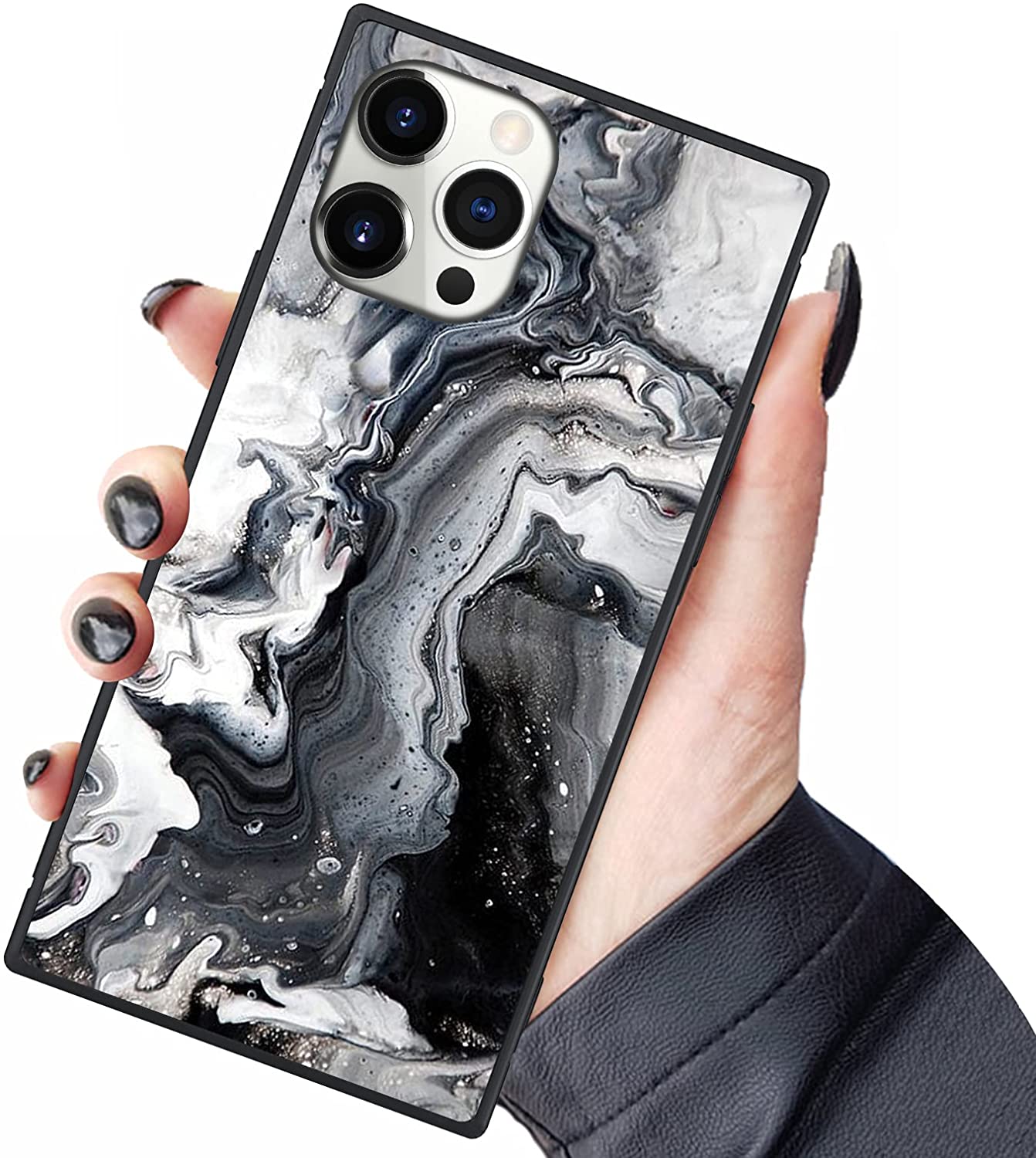 iPhone 13 Pro Max Square Black White Watercolor Marble Heavy Duty Case ...